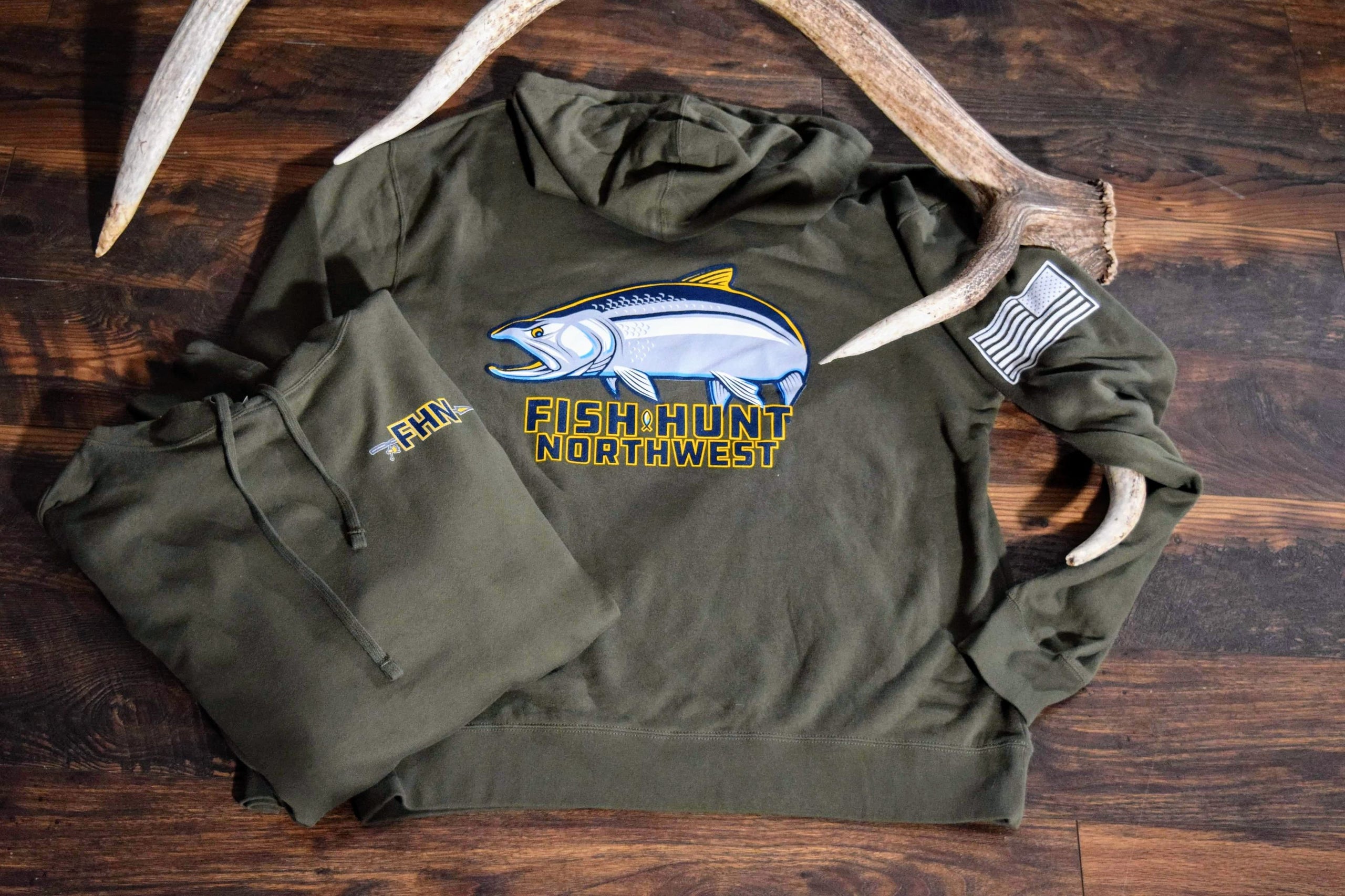 Military Green Lightweight (6.5oz) Fish Logo Hoodie | Fish Hunt NW